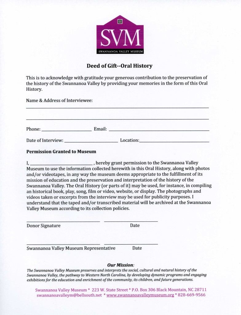 Deed of Gift – Oral History – Swannanoa Valley Museum & History Center Deed of Gift – Oral History – Swannanoa Valley Museum & History Center